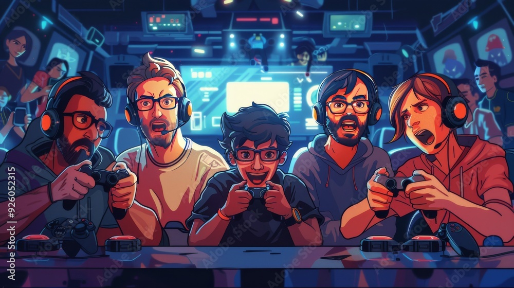 Cartoon Vector Vector scene of friends in a gaming tournament, with ...