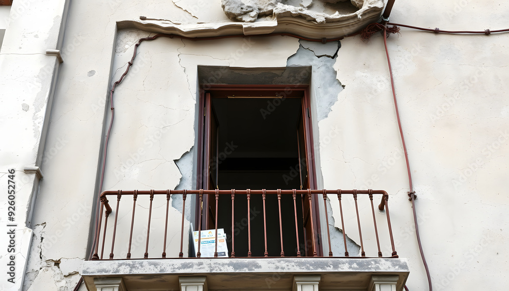 Damaged balcony of an old historic building. Broken balcony floor ...