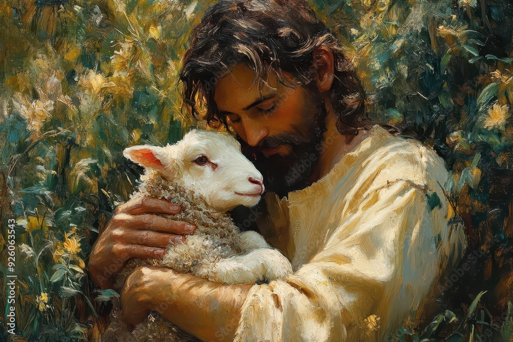 pastoral oil painting depicting jesus as the good shepherd tenderly ...