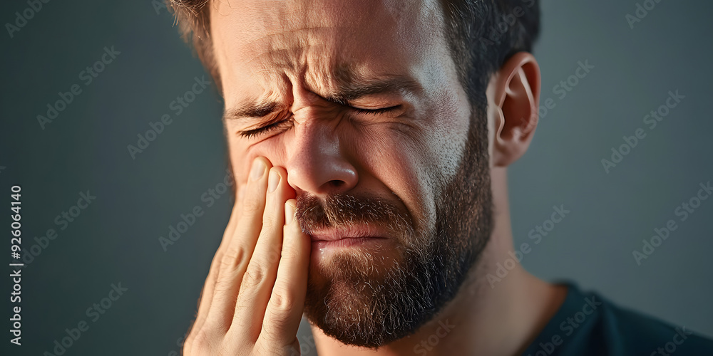 Male pressing sore cheek on studio background. Adult man suffers acute ...