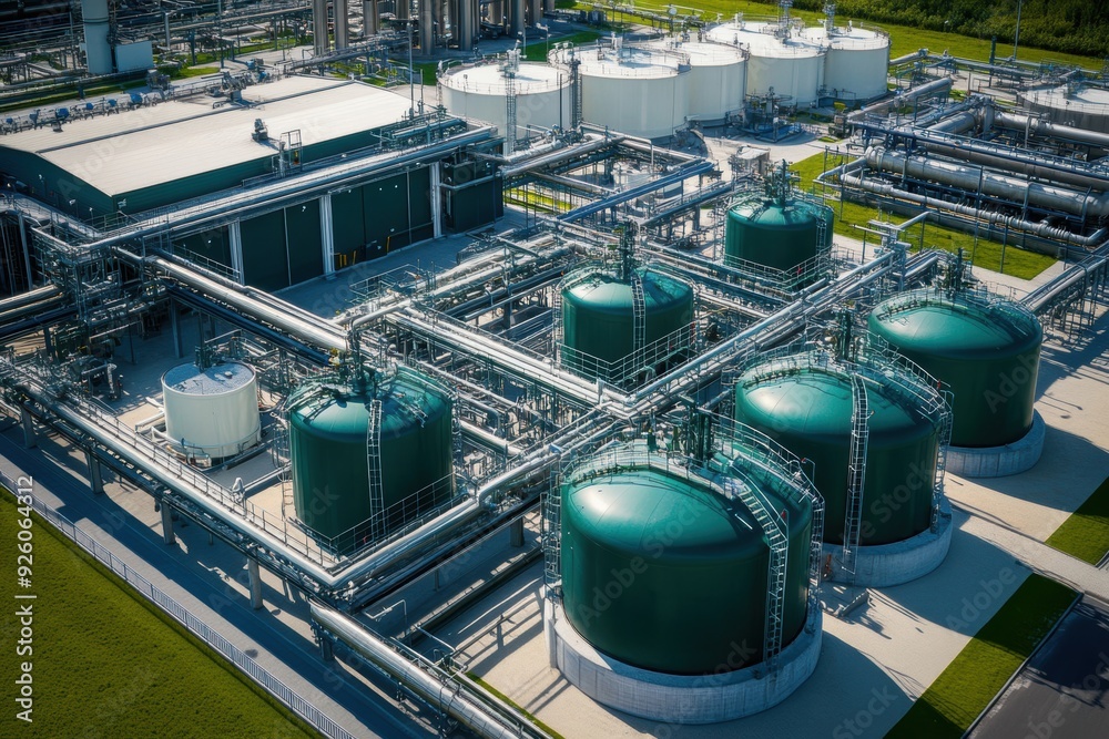 An advanced industrial facility equipped with methane gas tanks and ...