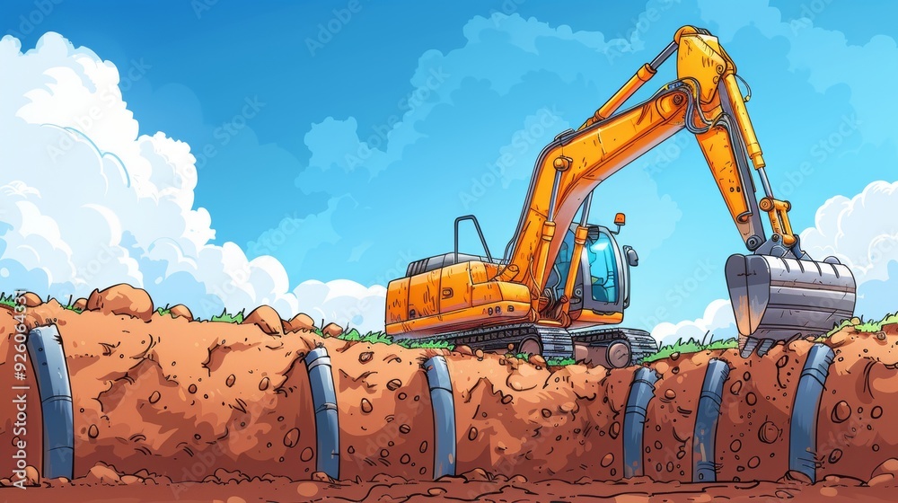 Cartoon vector trenchers digging trenches for utility lines Stock ...
