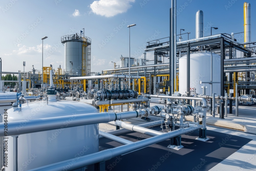 An advanced industrial facility equipped with methane gas tanks and ...