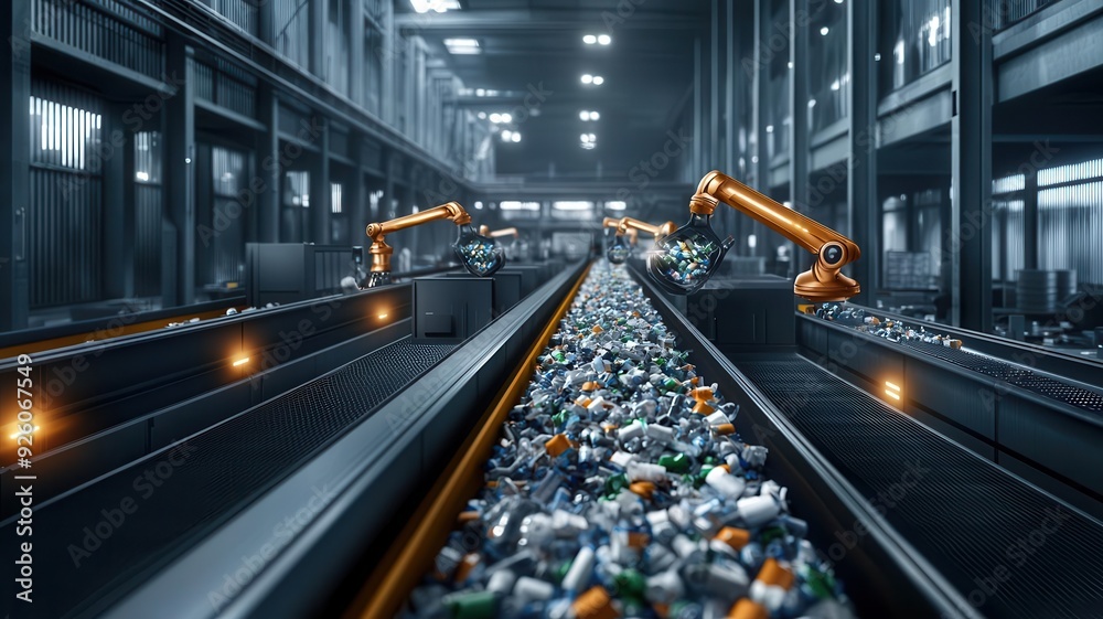 A futuristic urban recycling hub where waste is sorted and transformed ...