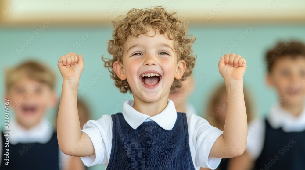 Joyful Young Child Celebrating with Raised Hands in Classroom Setting ...