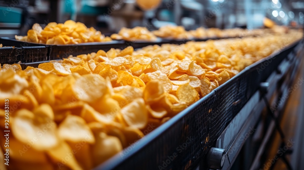 Large trays overflow with fresh, golden potato chips, illuminated in a ...