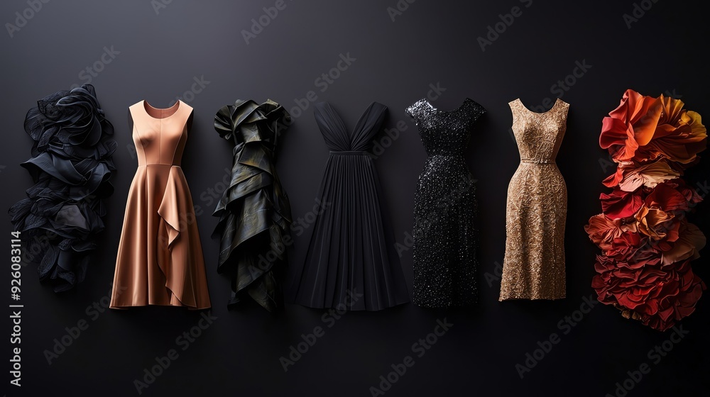 Elegant collection of dresses displayed against a dark backdrop ...