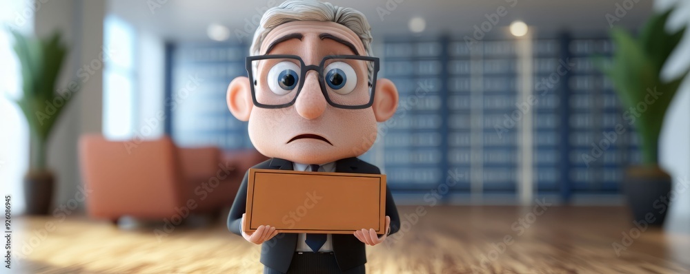 A worried cartoon character holding a blank sign, conveying feelings of ...