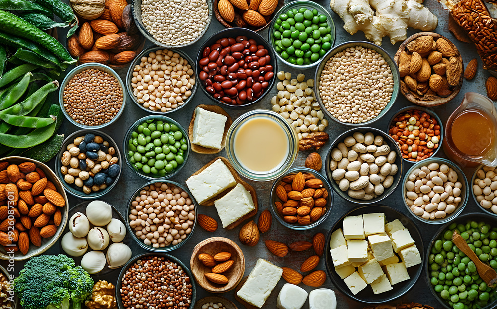 Vegan protein food background. Full set of plant based vegetarian food ...