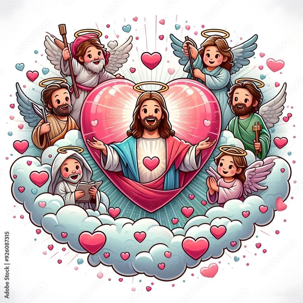 Jesus Christ surrounded by Angels in a heart-shaped cloud with pink ...