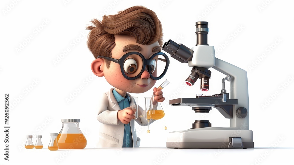 3D clipart of a scientist with a microscope, in a research lab, white ...