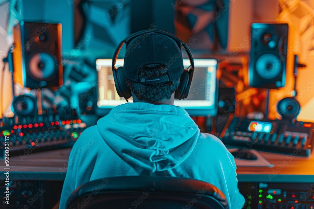 Man wearing headphones in recording studio with sound equipment. He is ...