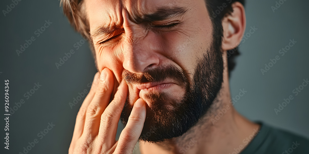 Male pressing sore cheek on studio background. Adult man suffers acute ...