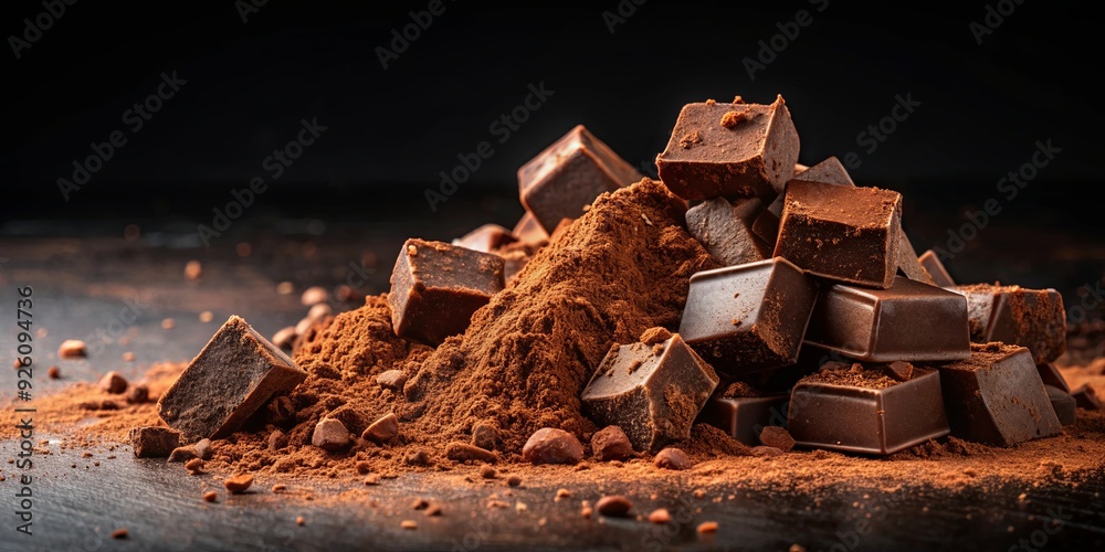Irregular chocolate chunks and cocoa powder on black background ...