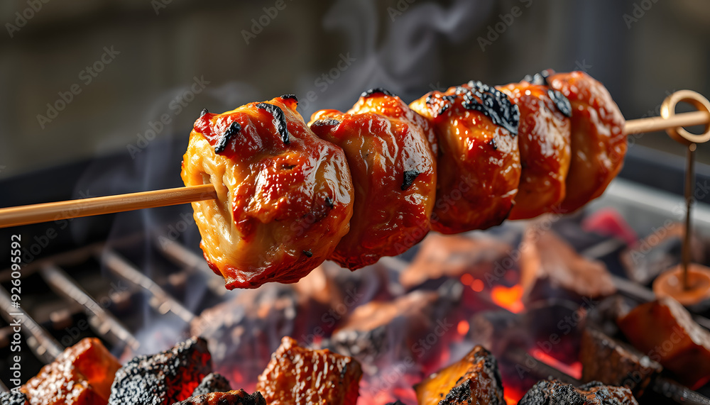 Big fat shish kebab broils in barbecue. Fatty, unhealthy, partially ...
