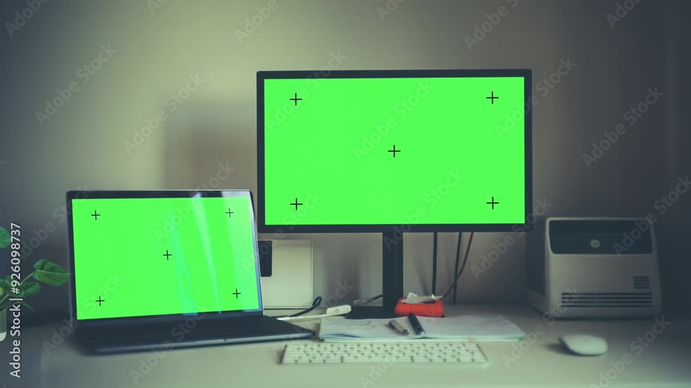 Laptop Computer Monitor Standing on a Desk with a Green Screen Chroma ... Laptop Computer Monitor Standing on a Desk with a Green Screen Chroma ...
