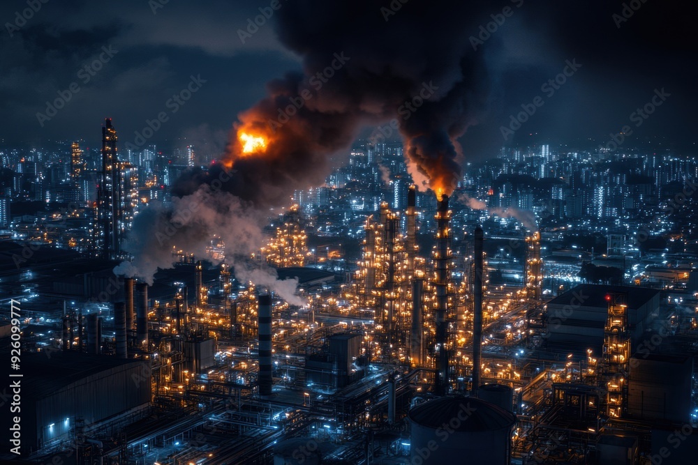 A crude oil refinery juxtaposed with a bustling city, illustrating the ...