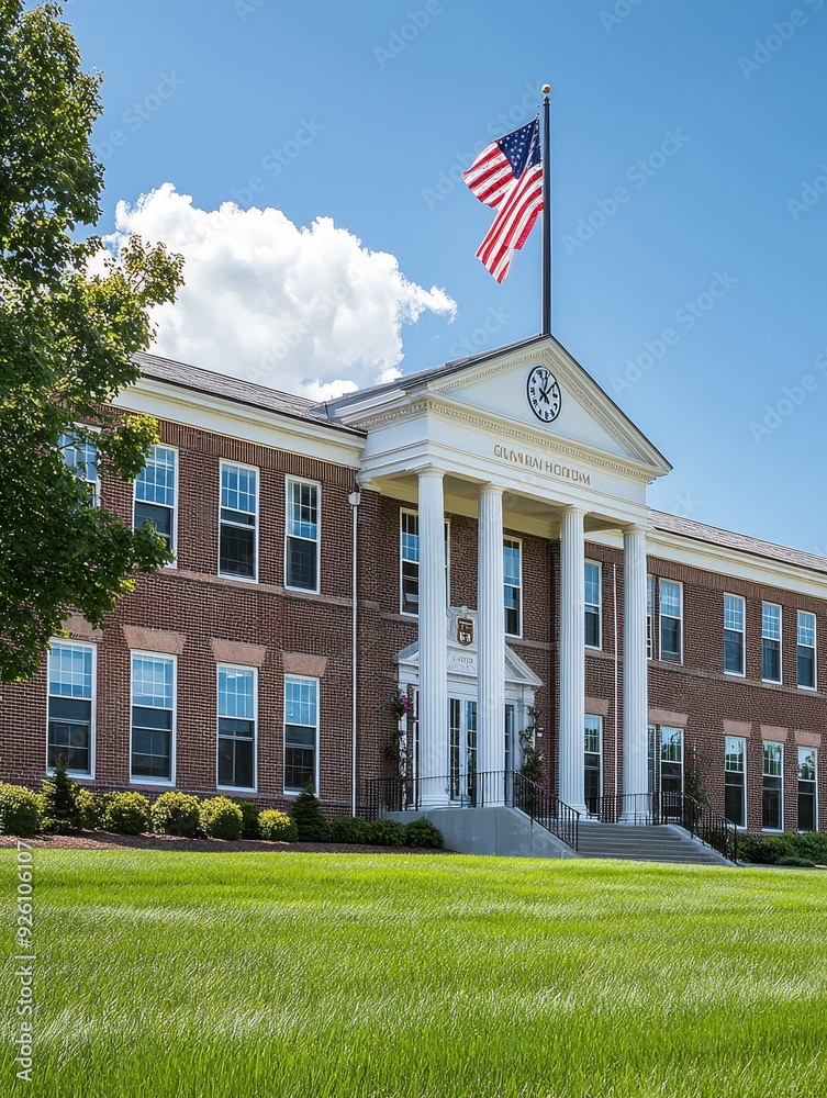 Classic American School Building with Flag and Green Grass - A classic ...