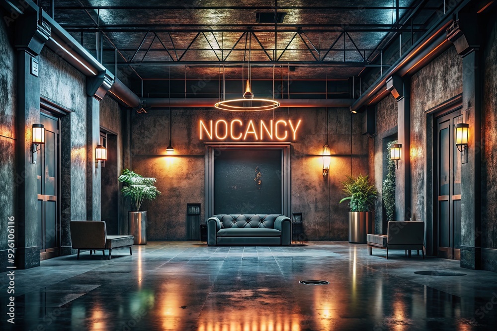 Dark moody minimalist hotel lobby no vacancy sign crowded empty urban ...