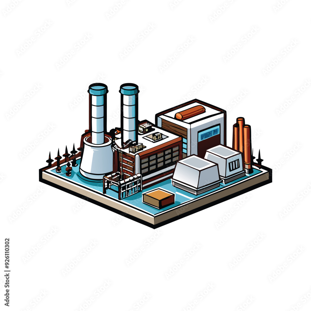 Isometric vector diagram of a power plant, with tall chimneys, cooling ...