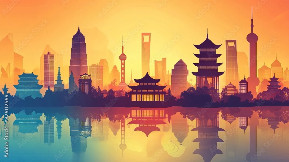 A skyline representing Asia, featuring iconic landmarks from various ...