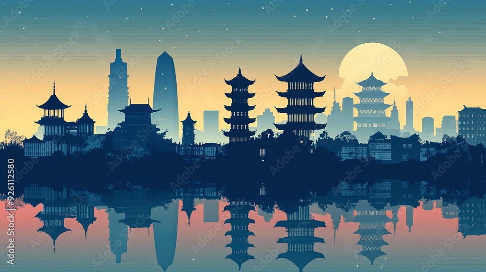 A skyline representing Asia, featuring iconic landmarks from various ...