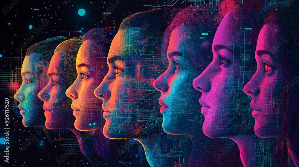 Many faces connected by digital lines and bright colors, representing ...