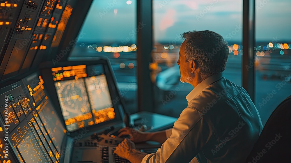 Man as an air traffic controller working in the airport control tower ...