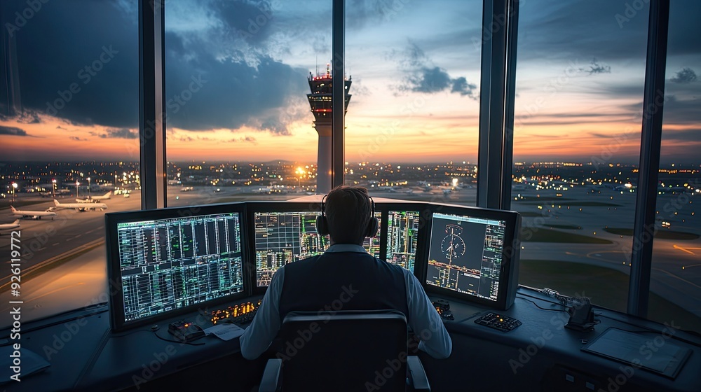 Man as an air traffic controller working in the airport control tower ...