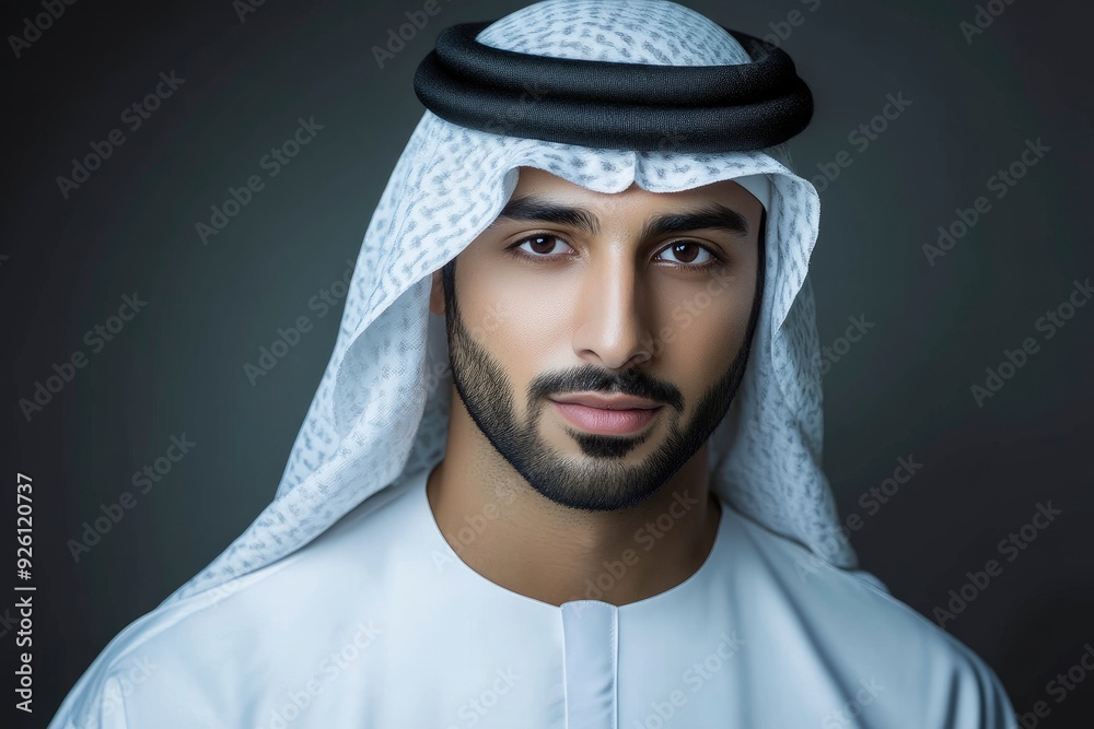 Handsome arab middle-eastern man with traditional kandora in studio ...