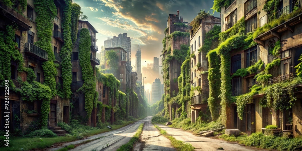 Abandoned cityscape with overgrown vines on buildings and crumbling ...