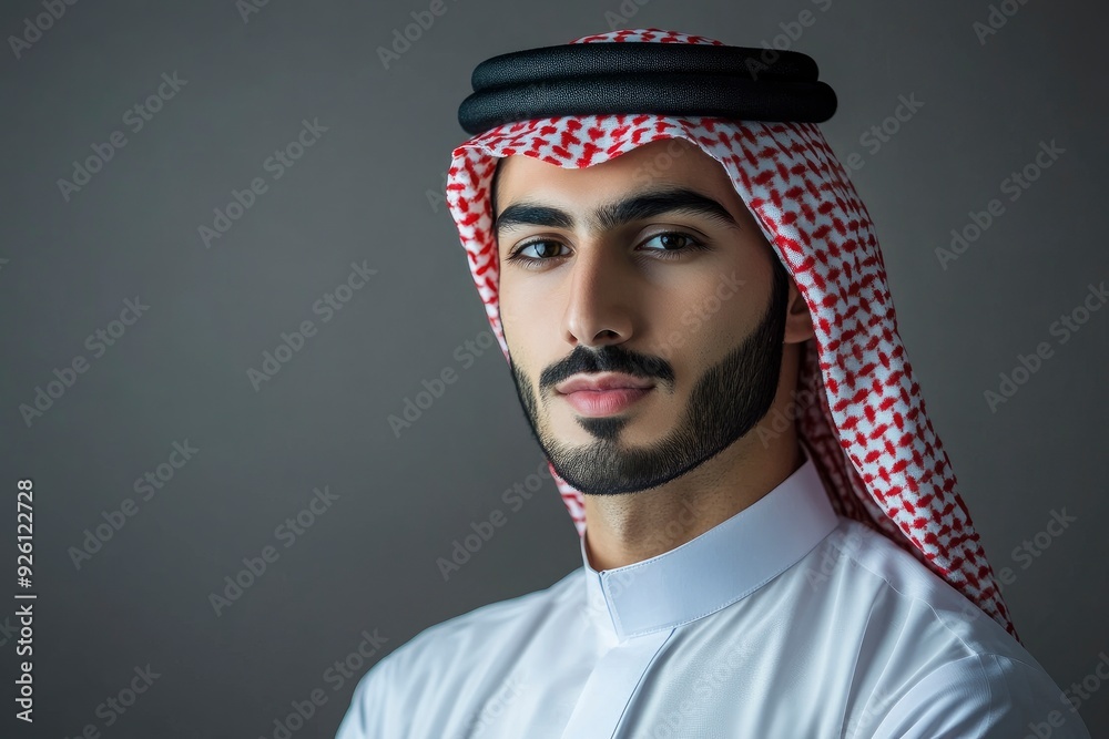 Handsome arab middle-eastern man with traditional kandora in studio ...