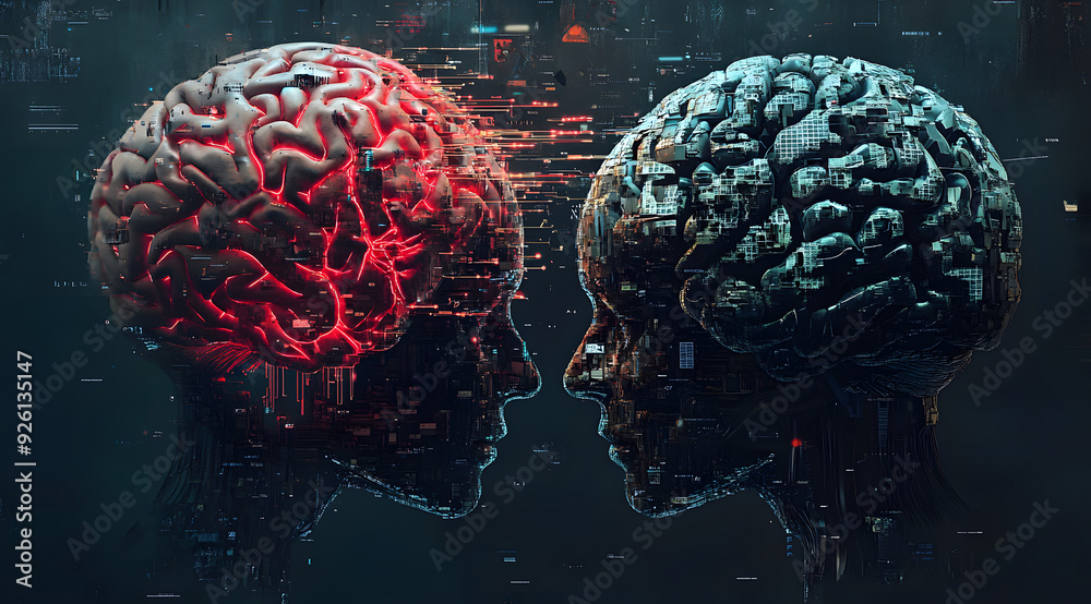 "Split-Screen Image Featuring Two Brains: One with Traditional Design ...