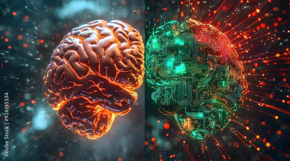 "Split-Screen Image Featuring Two Brains: One with Traditional Design ...