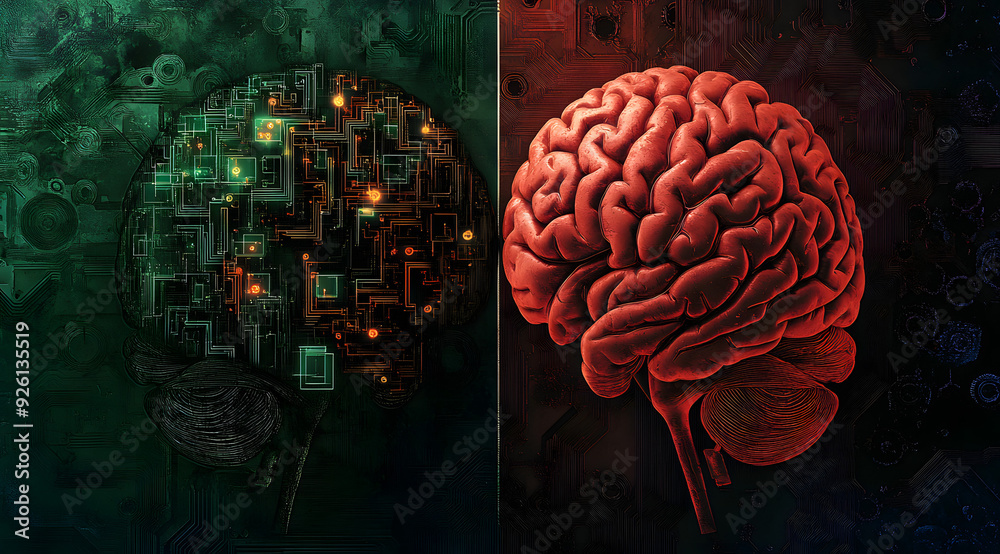 "Split-Screen Image Featuring Two Brains: One with Traditional Design ...