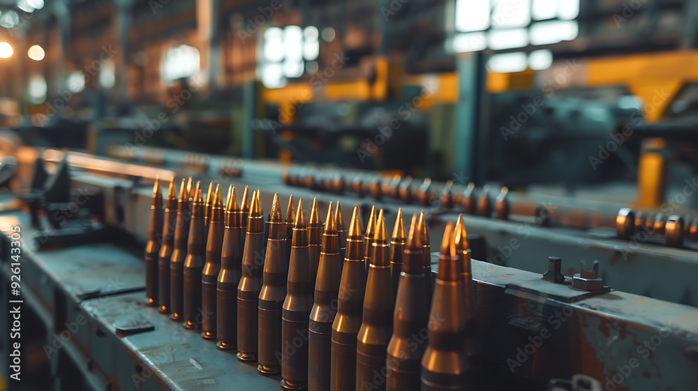 Rocket artillery ammunition industrial manufacturing process. Fast and precise work in military ...