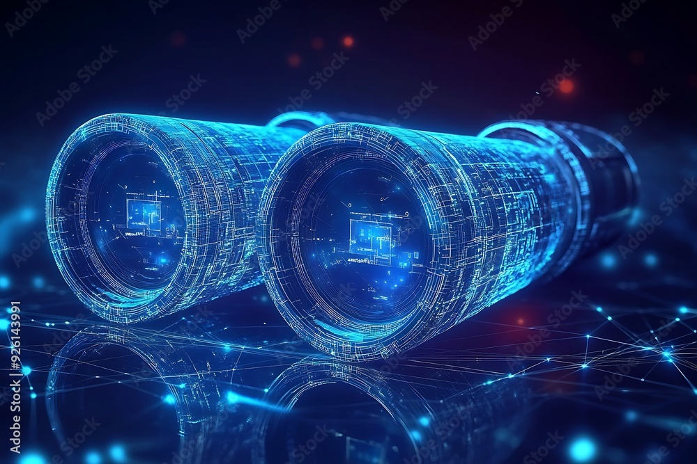 digital blue binocular with data streams, ai in visual recognition ...