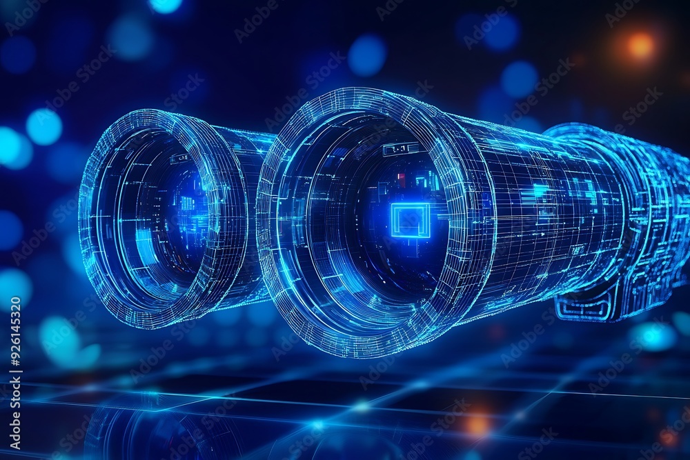 digital blue binocular with data streams, ai in visual recognition ...