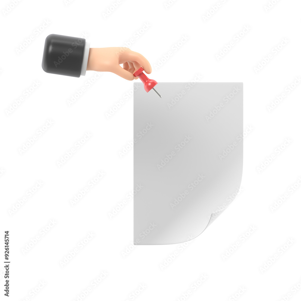 Paper push pins. Thumbtack in hand man. Empty white sheet. 3D ...