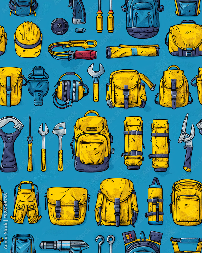 A collection of yellow and blue tools and backpacks. The backpacks are ...