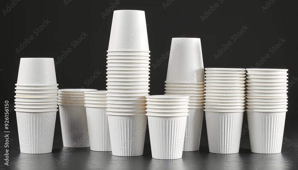 A stack of white paper cups are on a table. The cups are all the same ...