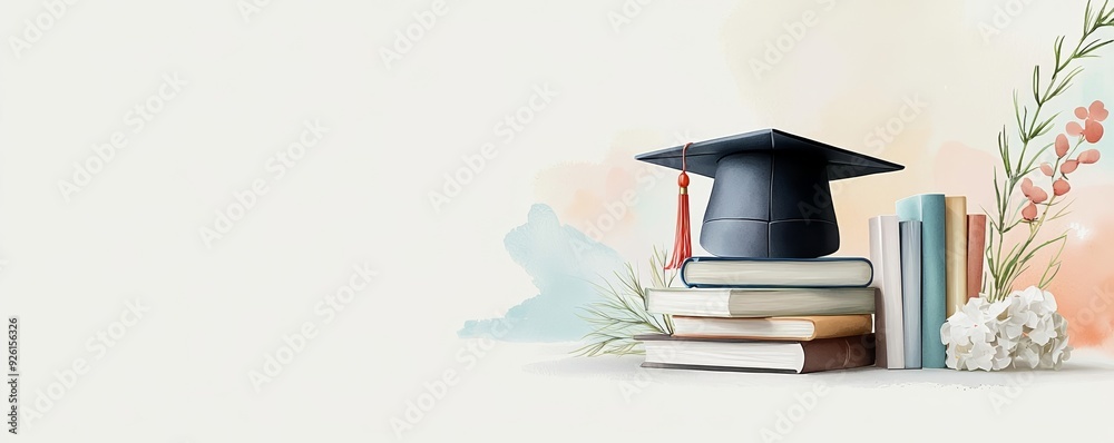 Elegant watercolor artwork of graduation cap and books, colorful ...