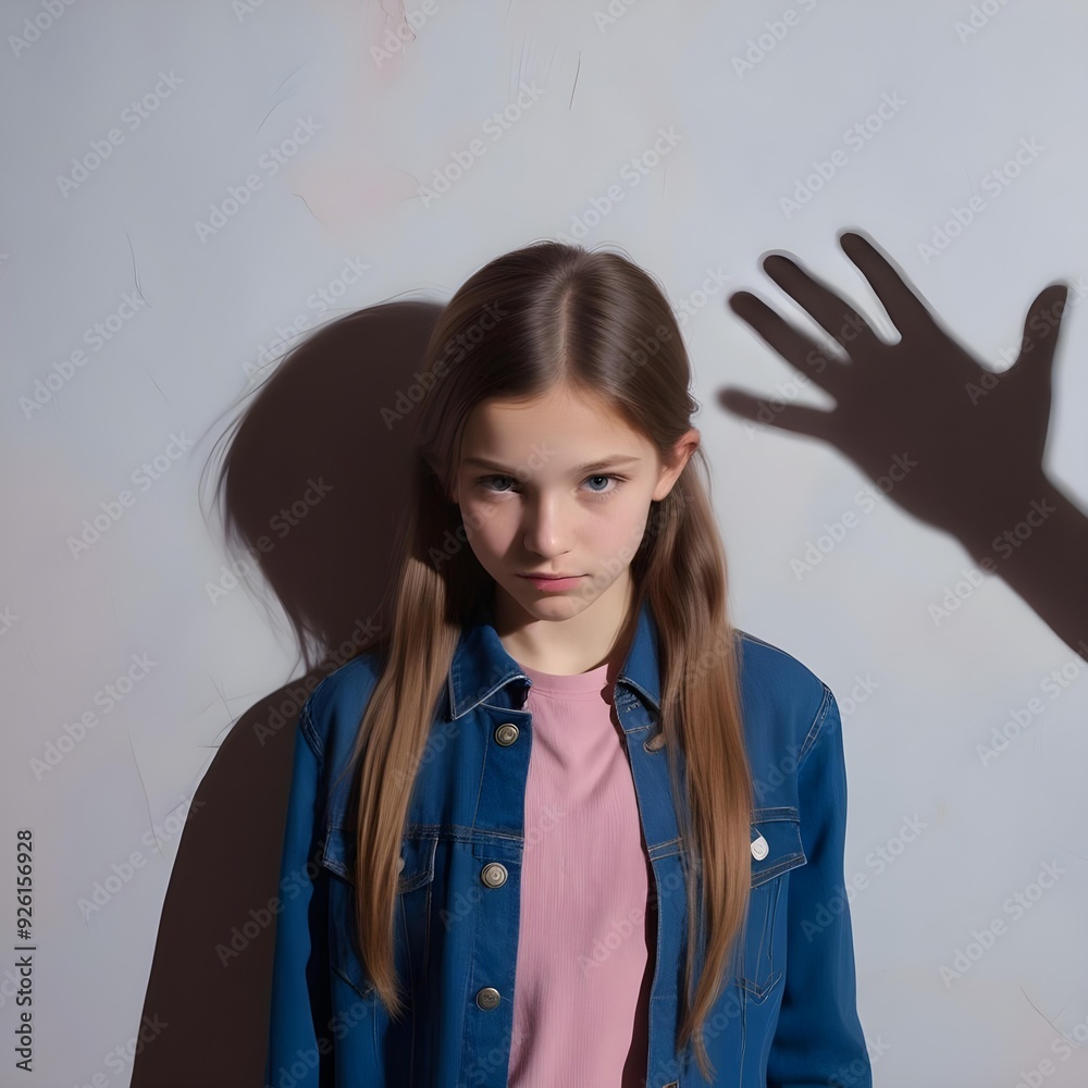 Child abuse: A young girl standing in front of a wall with a shadow of ...