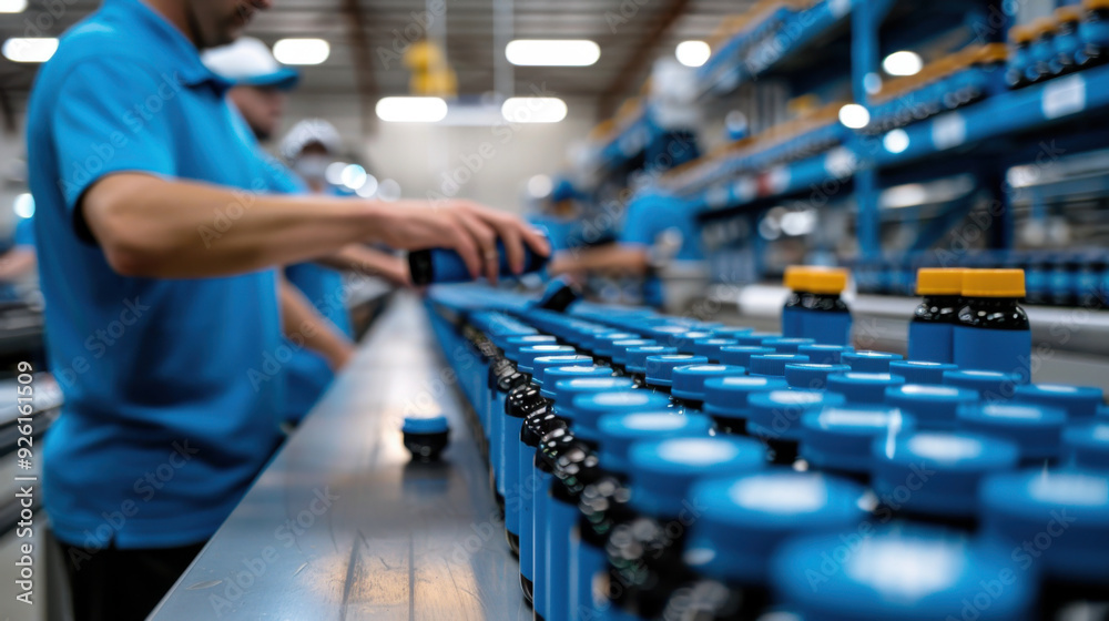 Assembly line workers in blue uniforms managing bottles on a ...