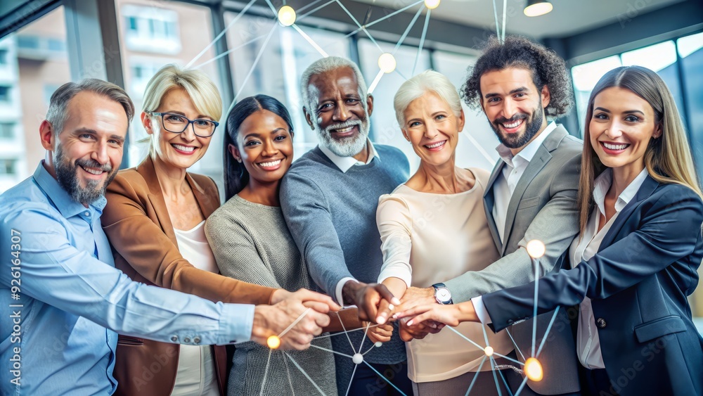 Connected coworkers of diverse ages and cultures form a strong network ...