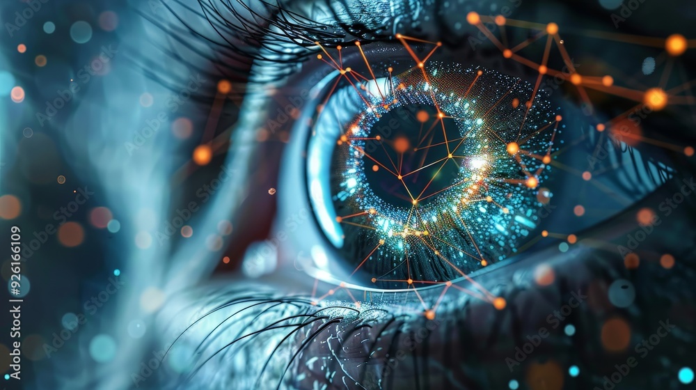A digital eye, rendered with AI connections and data points, showcases ...