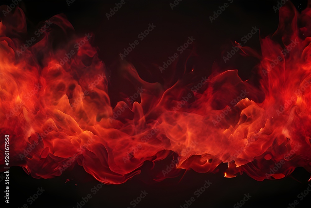 Intense fire flames dancing against a stark black background, creating ...