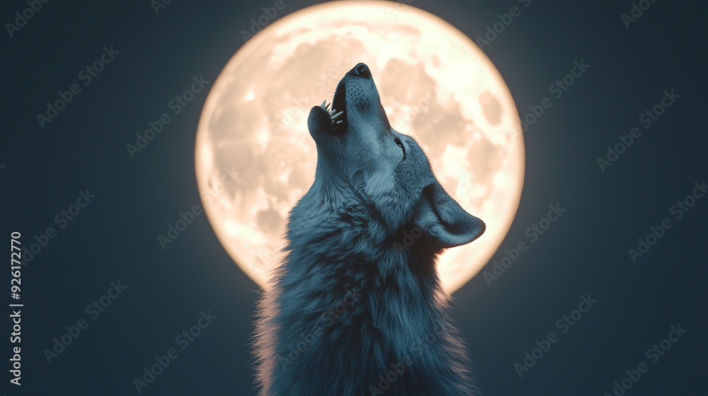 Dominant wolf howling under a full moon, pack bowing down, symbolizing ...