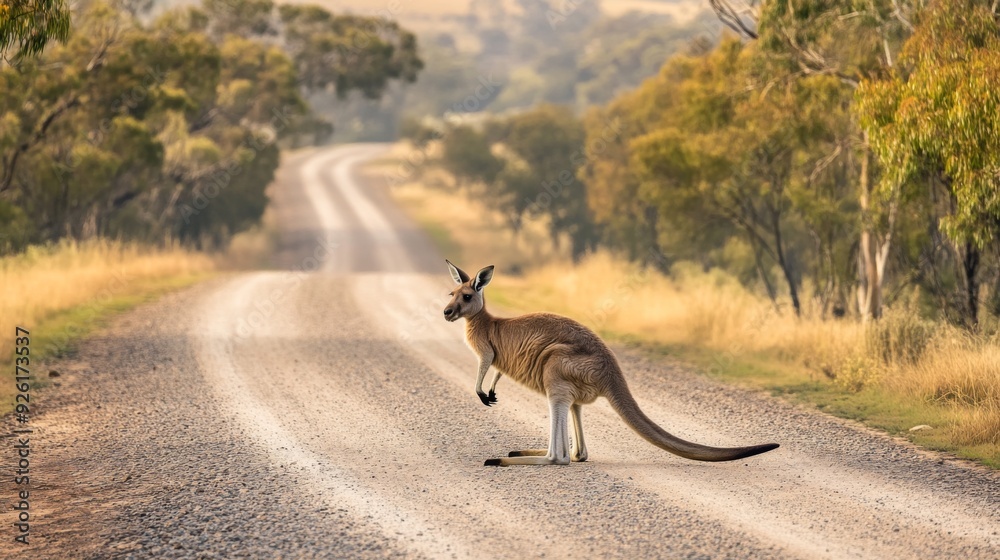 An iconic image of a kangaroo standing calmly in the middle of a rural ...