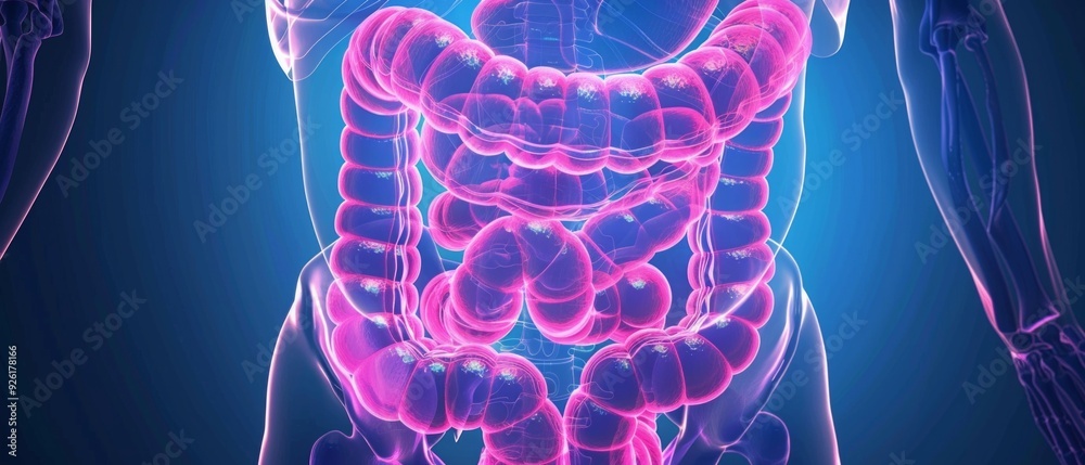 Computer-generated image of pink large intestine (colon) on blue ...